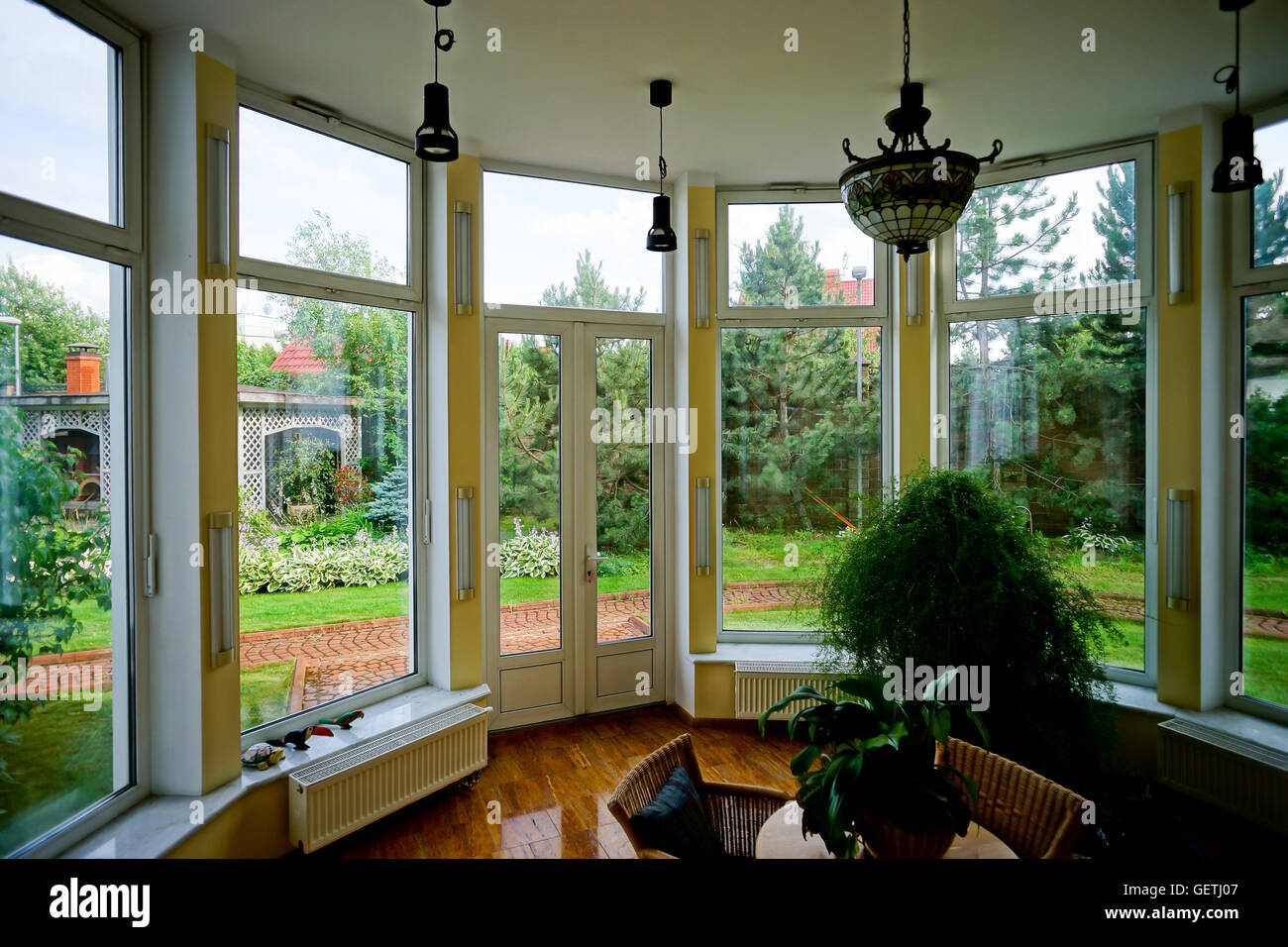 New pvc windows in old-styled interior, view from the inside Stock ...