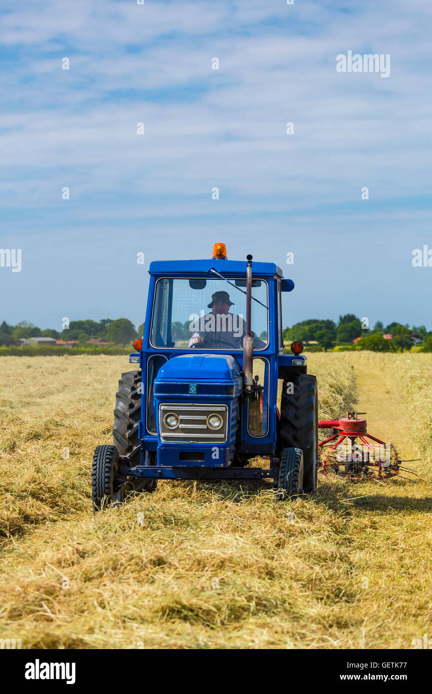 Turning hay to help it dry prior to baling Stock Photo - Alamy