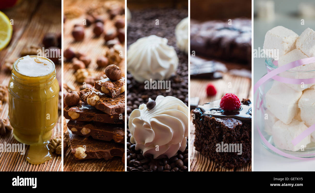 Collage from photos with different sweets. Honey, chocolate and nuts ...