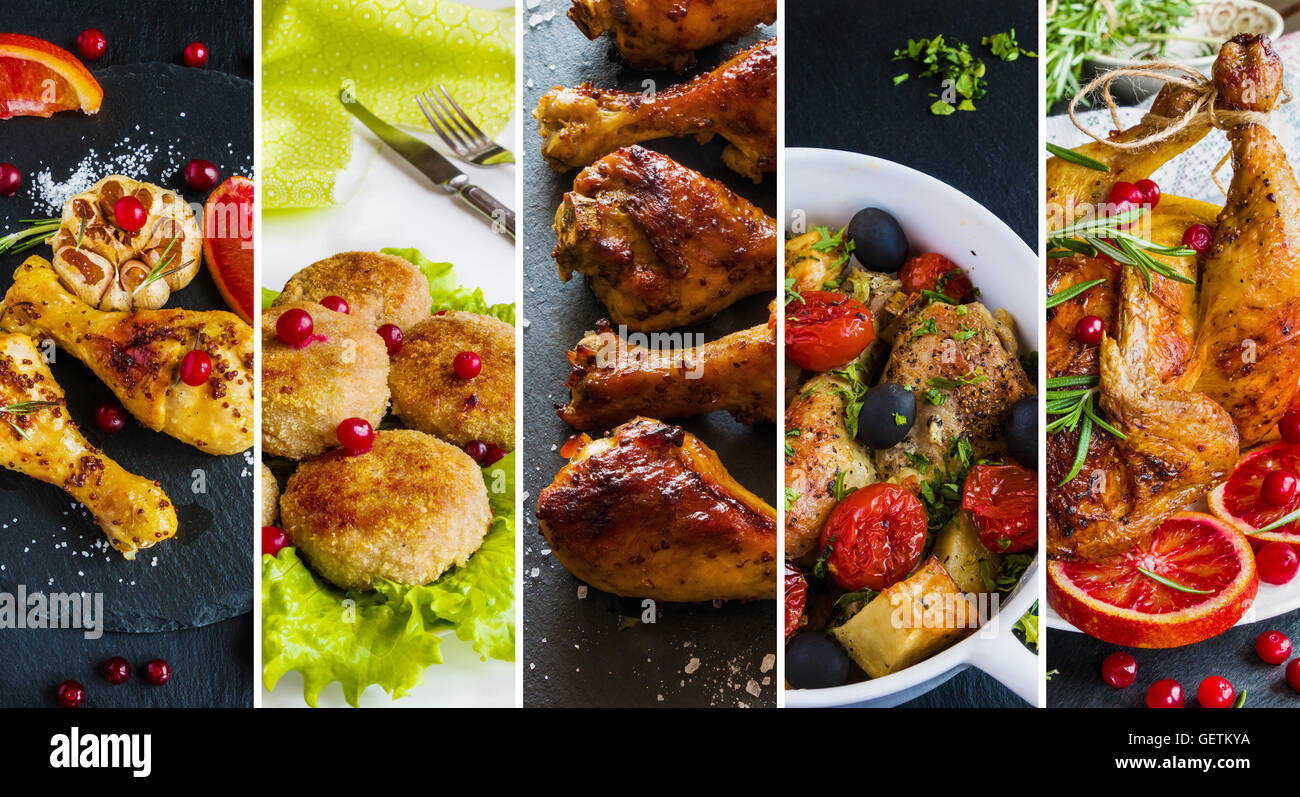 Collage from photos of different dishes with chicken. Whole chicken ...