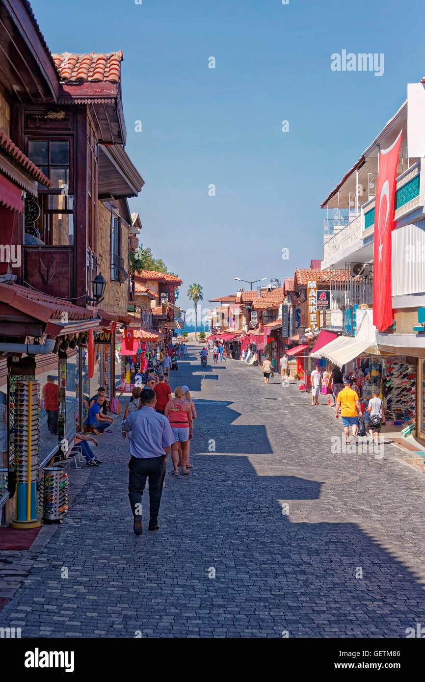 SIDE, TURKEY - JULY 9: Only a few people walk in the bazaar at Liman ...