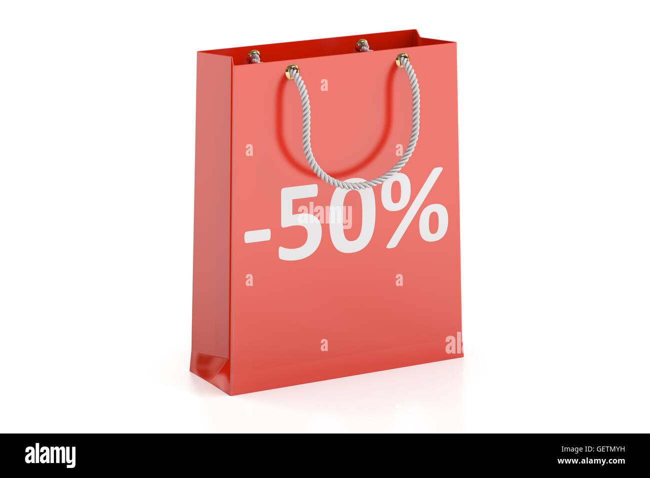 Shopping bag, sale and discount concept -50%. 3D rendering isolated on ...