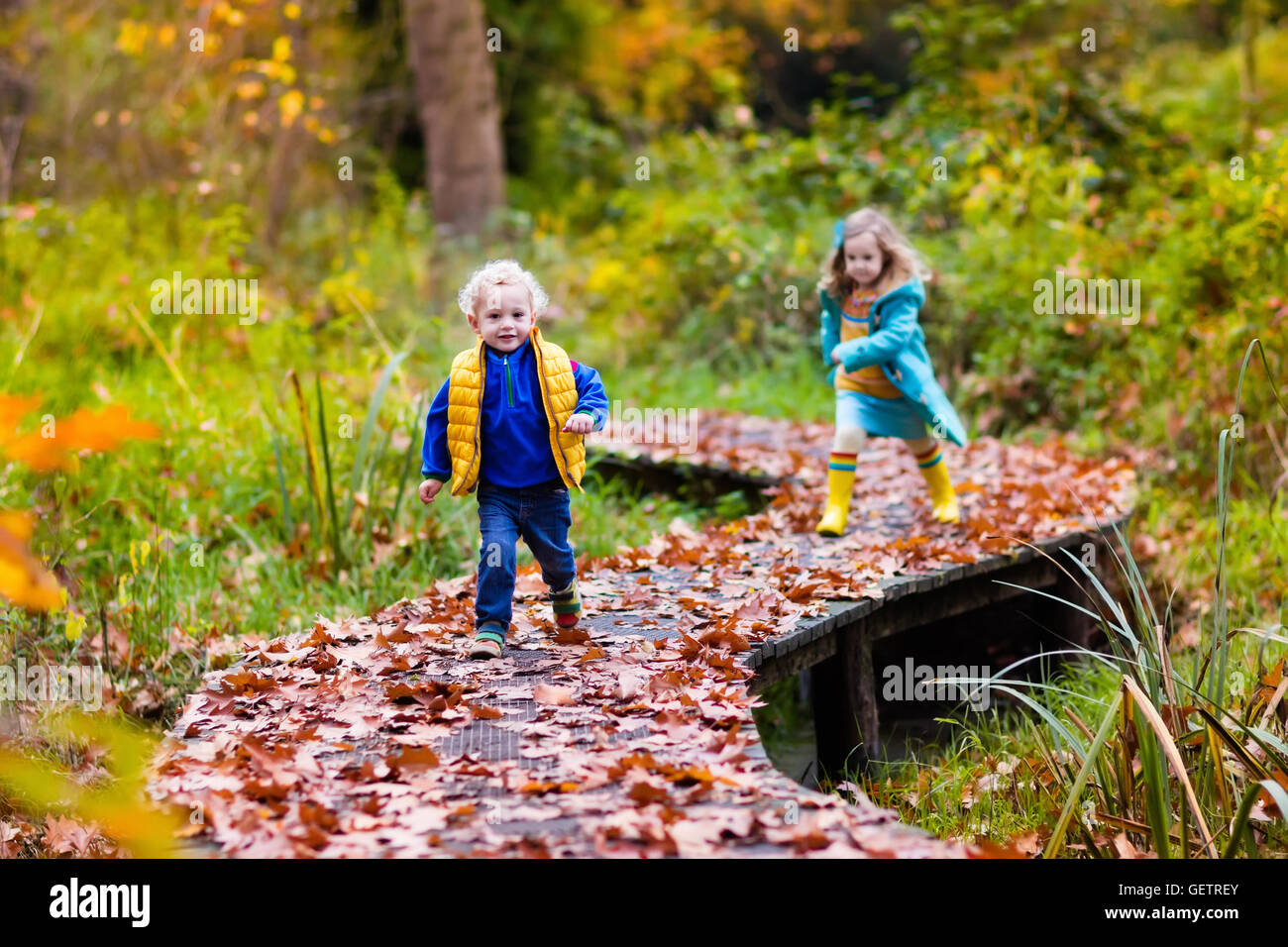 Happy children playing in beautiful autumn park on warm sunny fall day ...