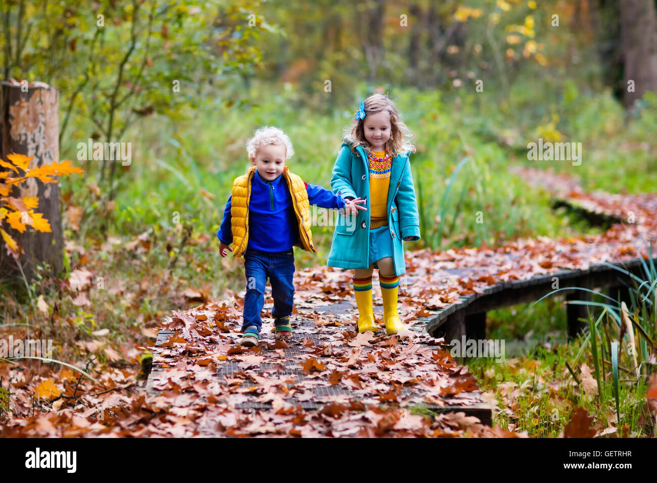 Happy children playing in beautiful autumn park on warm sunny fall day ...