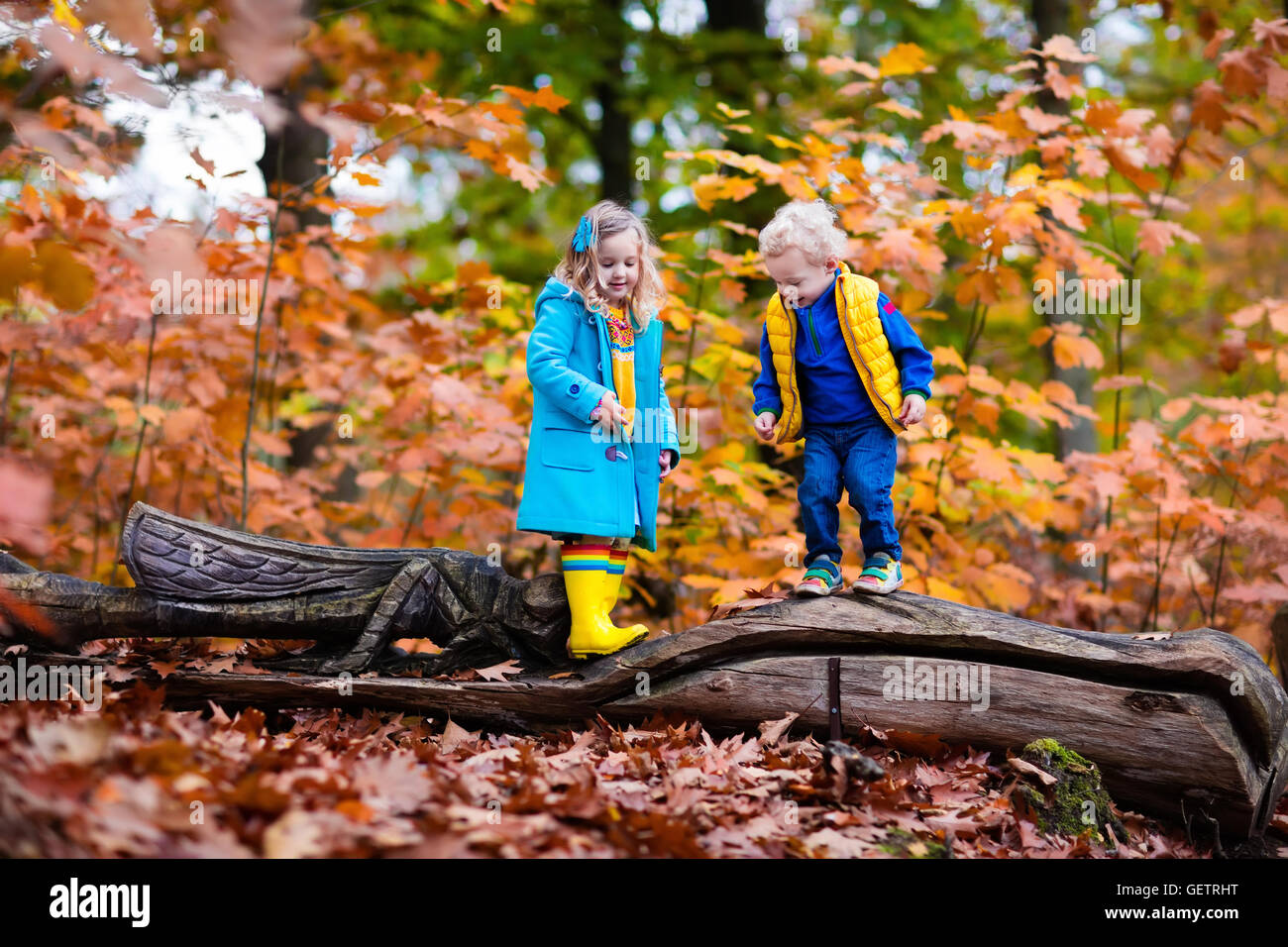 Happy children playing in beautiful autumn park on warm sunny fall day ...