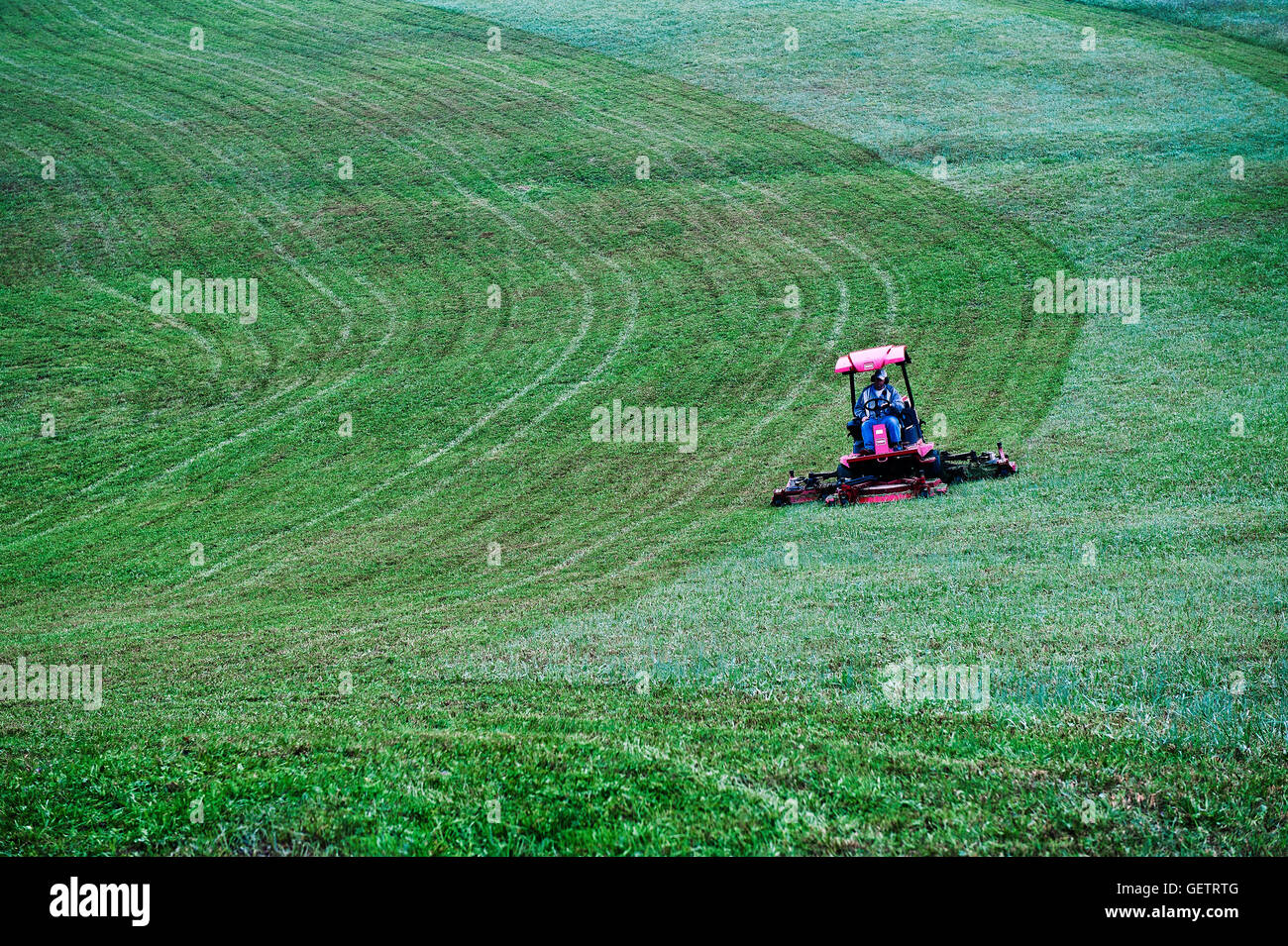 Tractor mower cutting a large field of grass Stock Photo - Alamy
