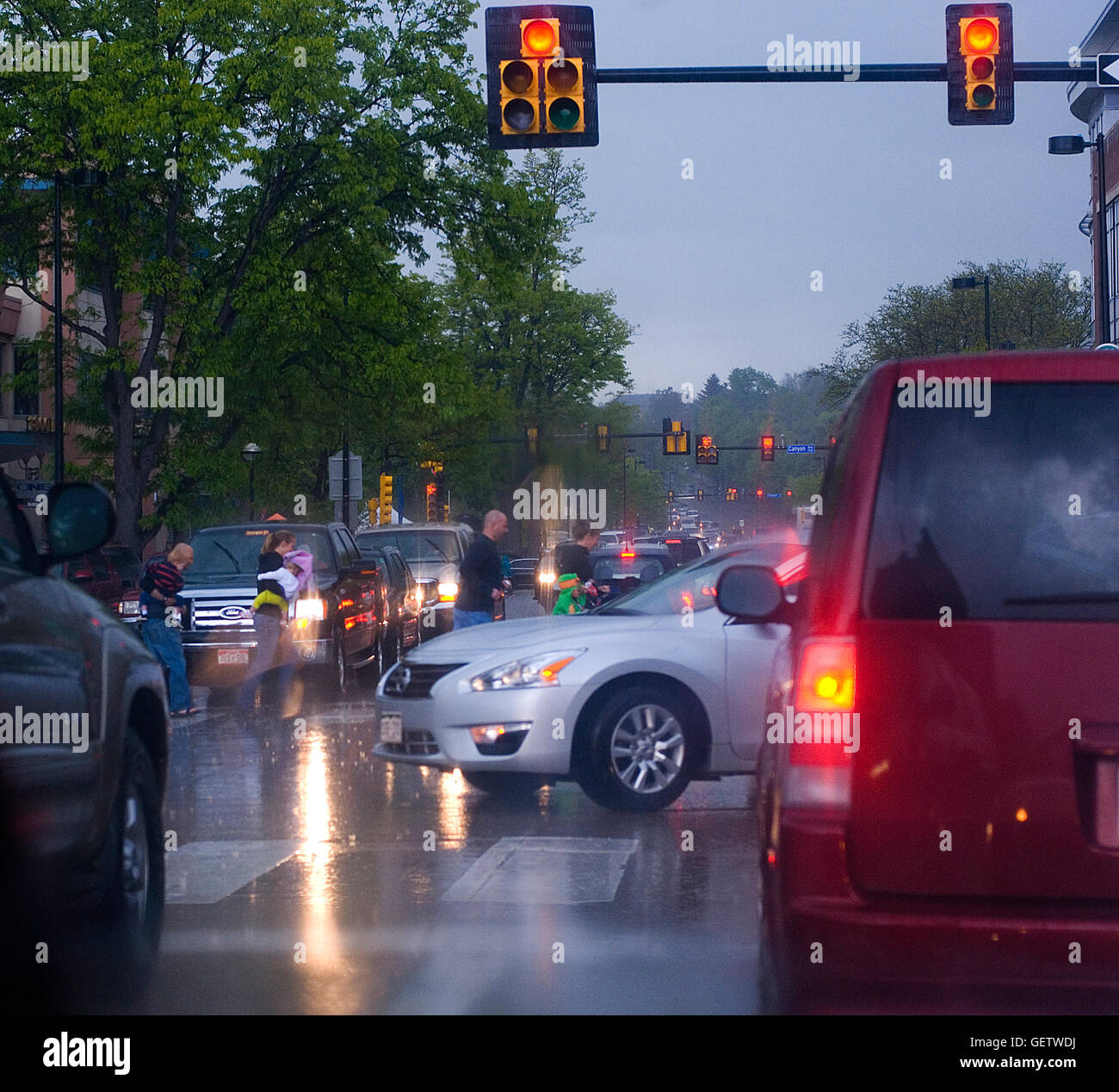 Rain and traffic at Broadway and Canyon Blvd, Boulder, CO Stock Photo ...
