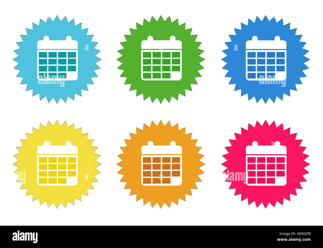 Set of colorful stickers icons with calendar symbol in blue, green ...