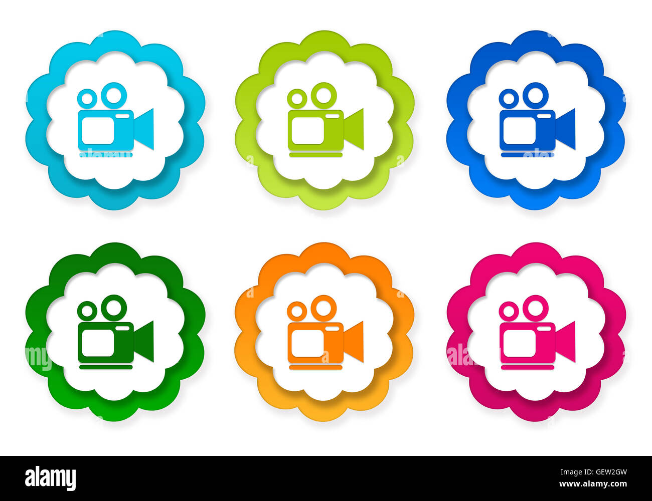 Set of colorful stickers icons with camcorder symbol in blue, green ...