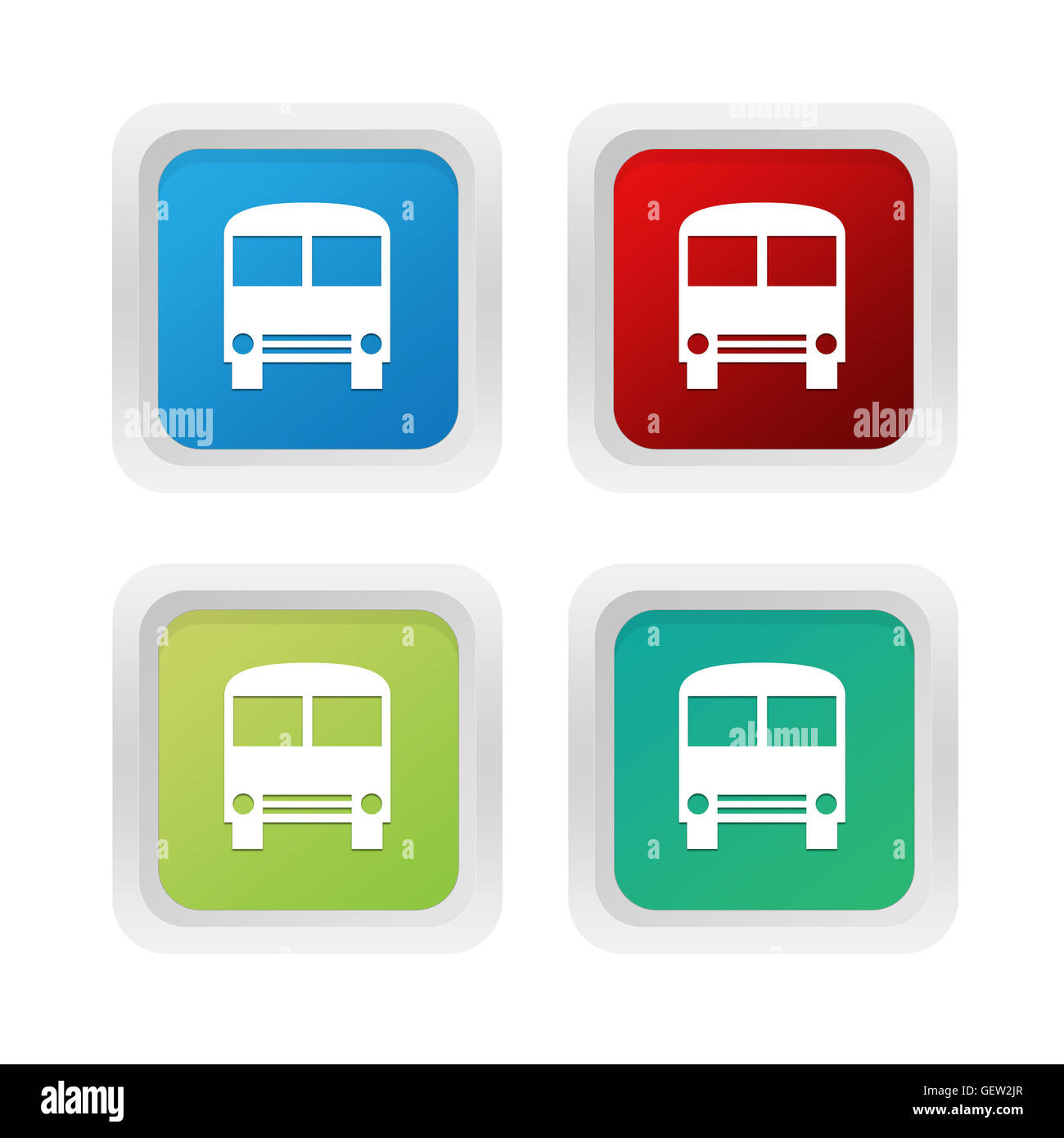 Set of squared colorful buttons with bus symbol in blue, green and red ...