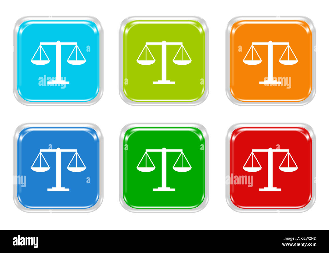Set of squared colorful buttons with legal symbol in blue, green, red ...