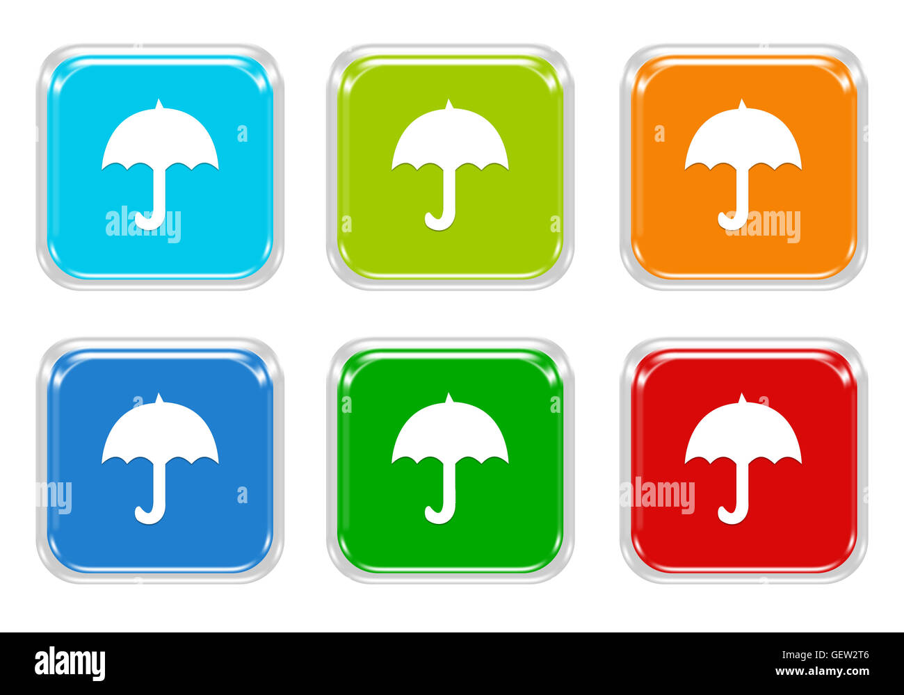 Set of squared colorful buttons with umbrella symbol in blue, green ...
