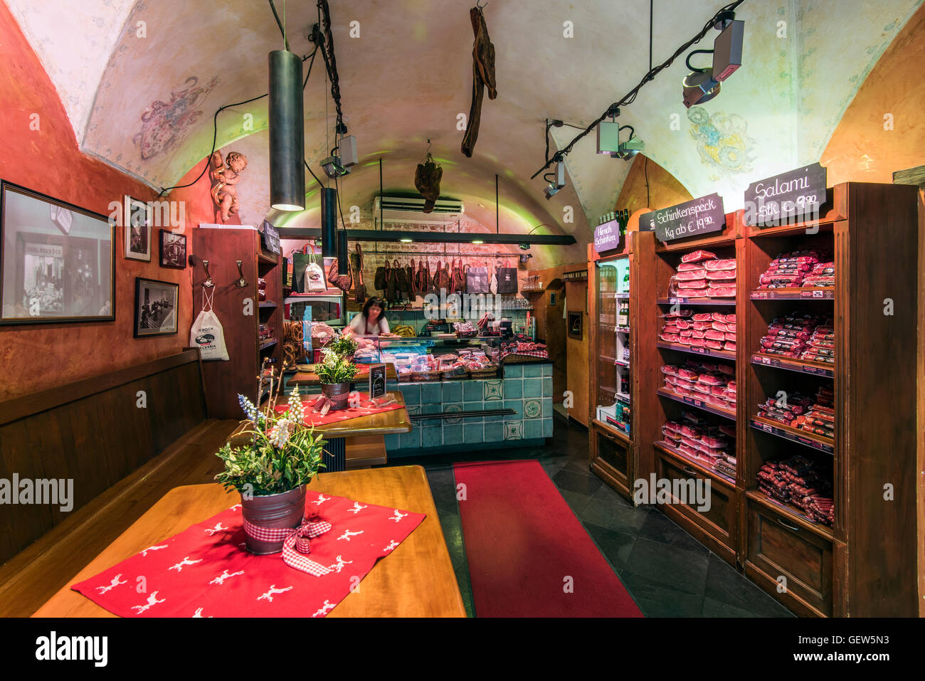 Store selling the typical Tyrolean speck ham, Innsbruck, Tyrol, Austria ...