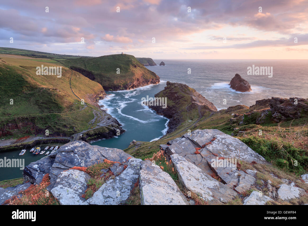 The view over Boscastle Harbour at sunset Stock Photo - Alamy