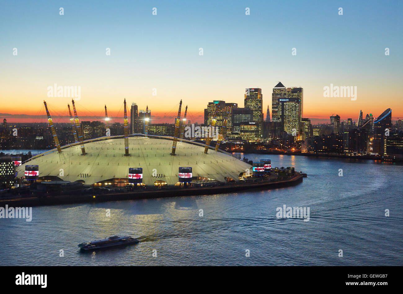 A view from the Emirates Airline of the 02 Arena at sunset with Canary ...
