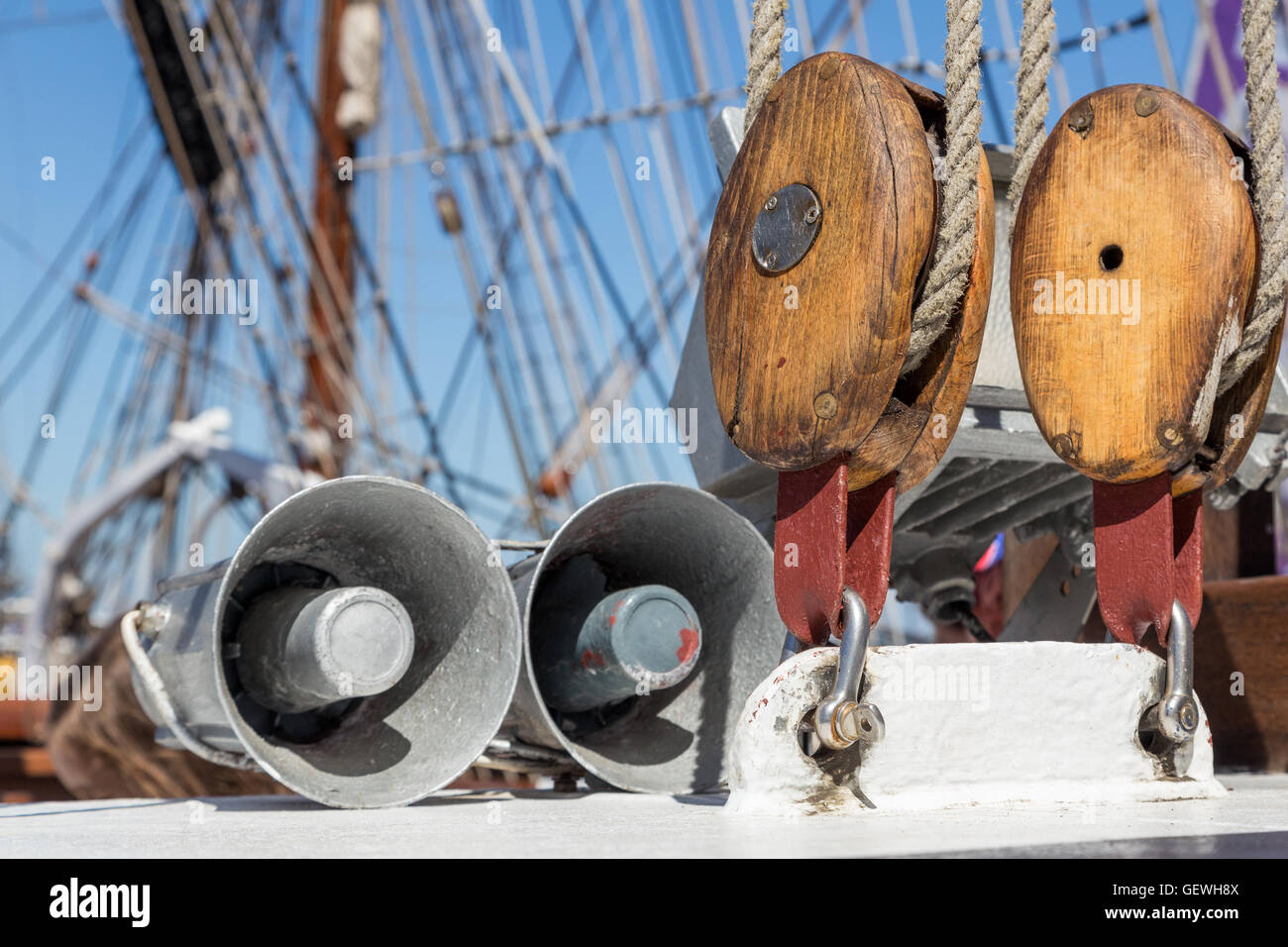 details equipment of ship on deck. different elements sailboat rigging ...
