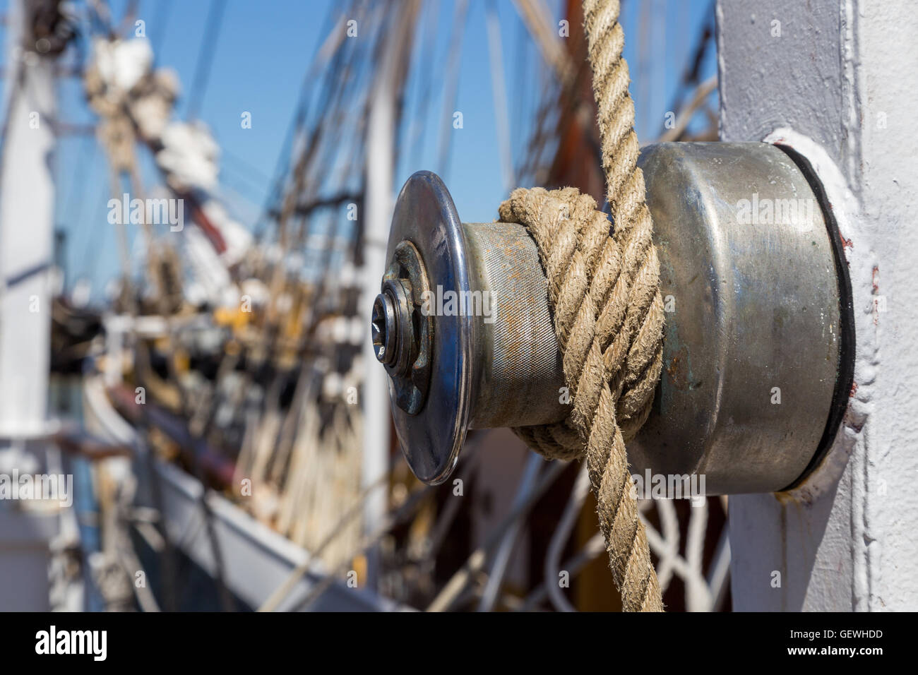 details equipment of ship on deck. different elements sailboat rigging ...