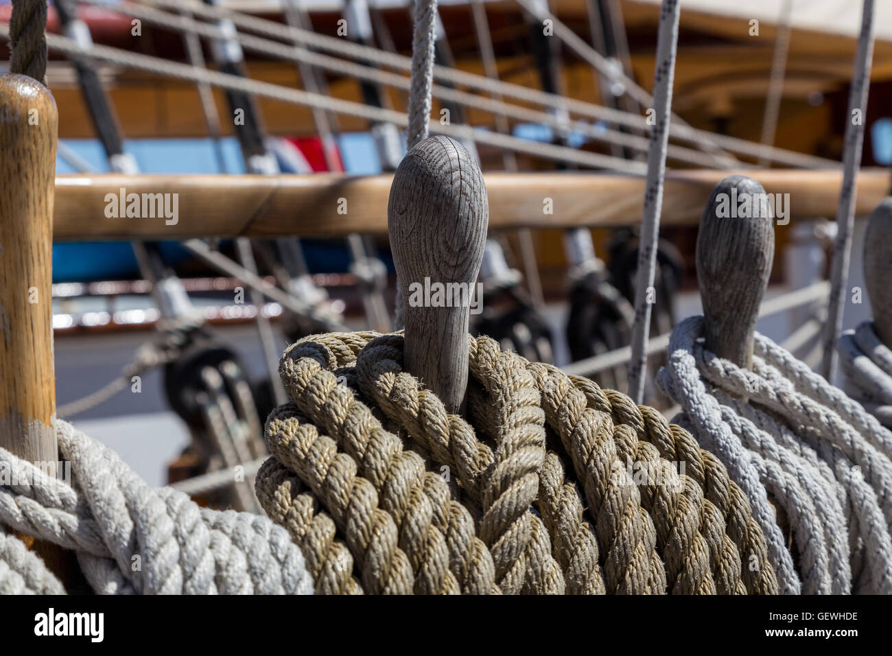 details equipment of ship on deck. different elements sailboat rigging ...