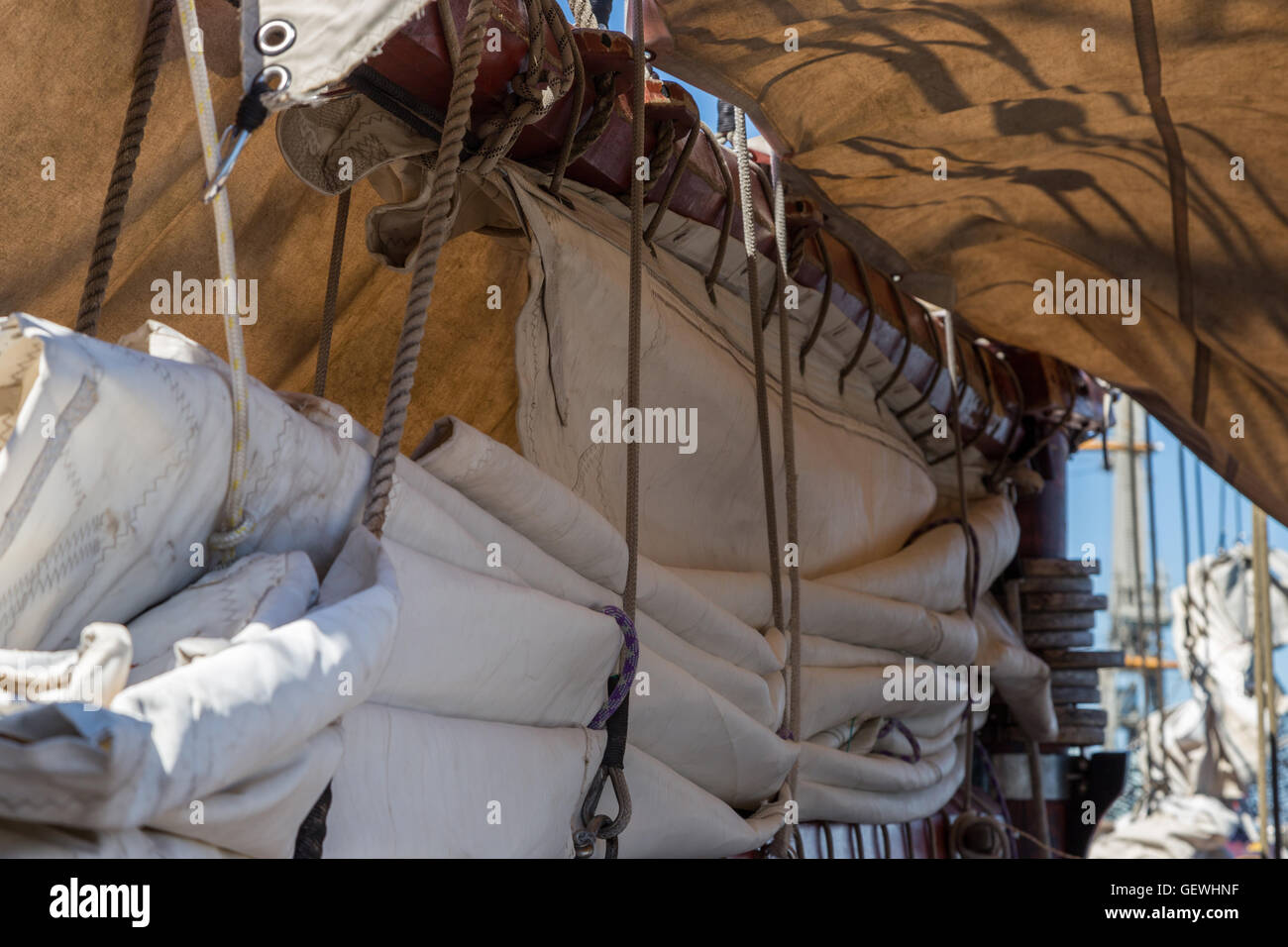 details equipment of ship on deck. different elements sailboat rigging ...
