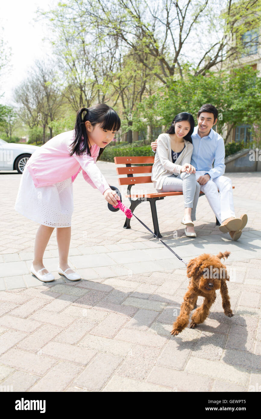 Happy young Chinese family with their pet dog Stock Photo - Alamy