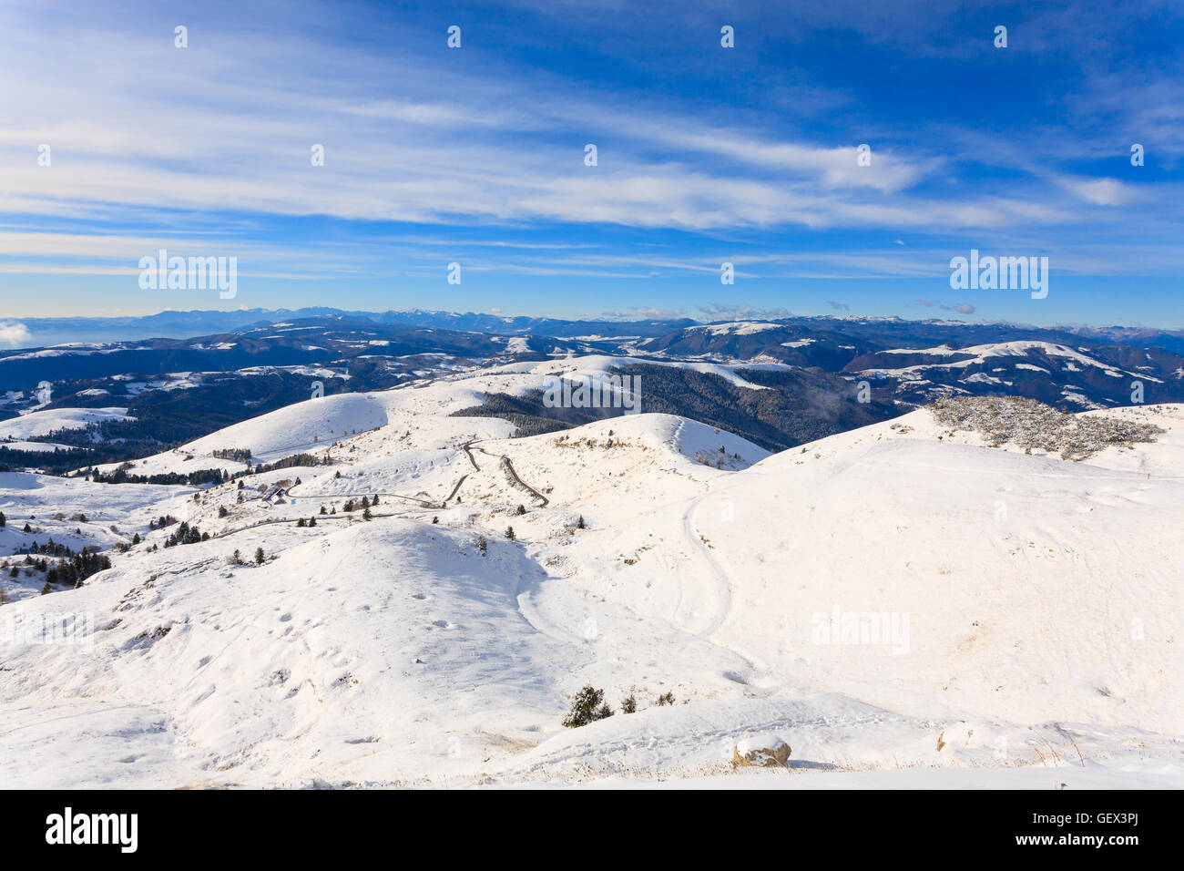 Winter panorama from Italian Alps. View from top of a mountain. Snow ...