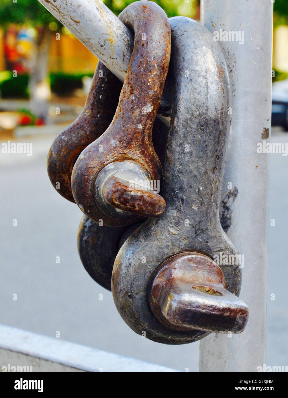 Closeup of two sized of screw pin shackles with rusted details hanging ...