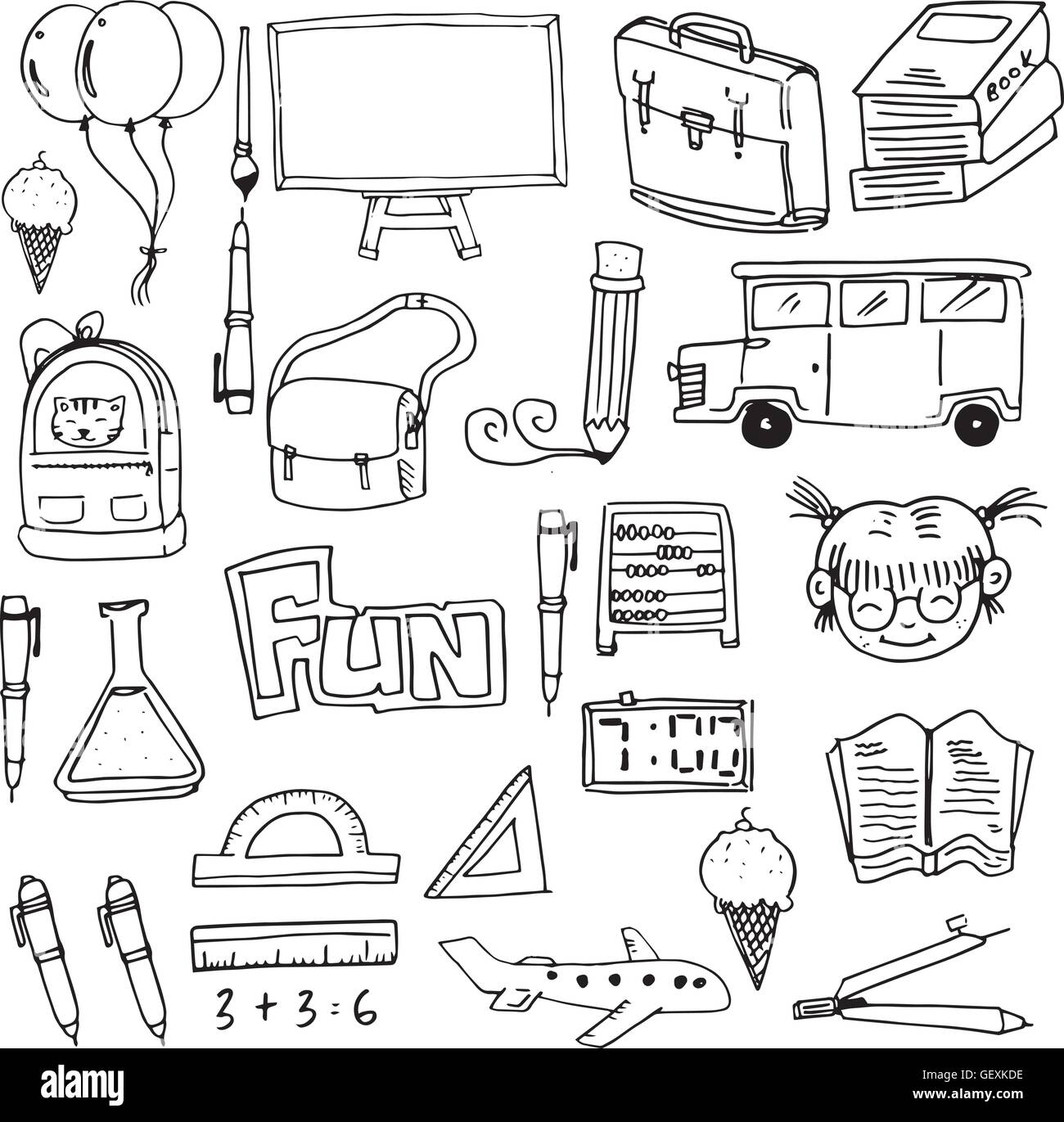 Back school classroom supplies doodles Black and White Stock Photos ...