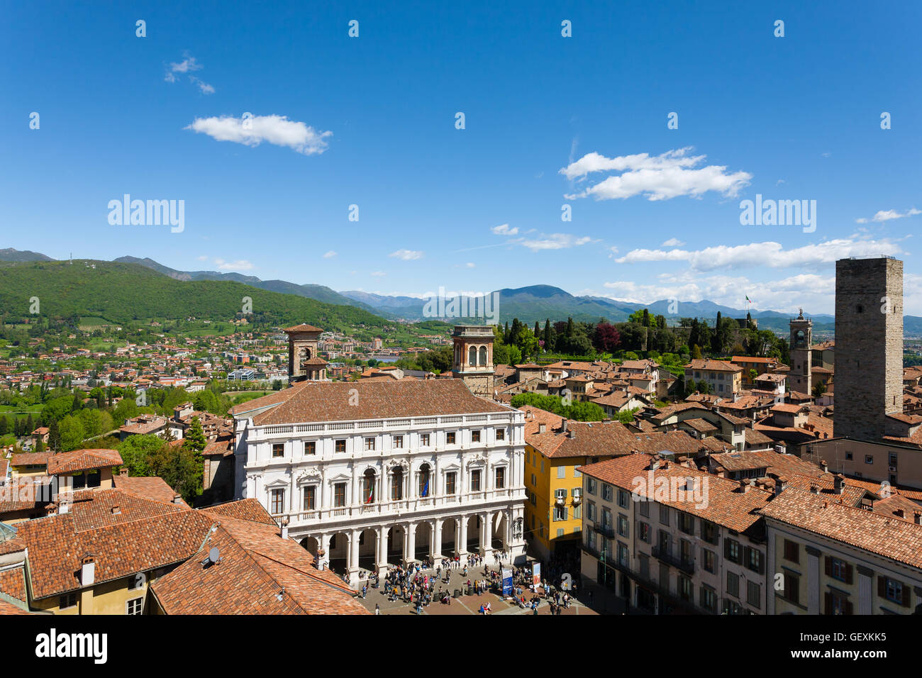 View of upper city of "Bergamo", old square and "Angelo Mai" library ...