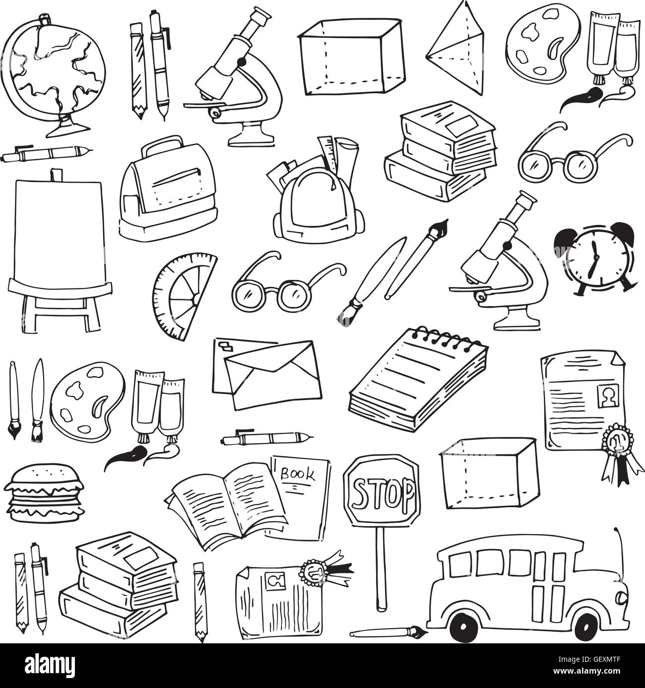 Back school classroom supplies doodles Black and White Stock Photos ...
