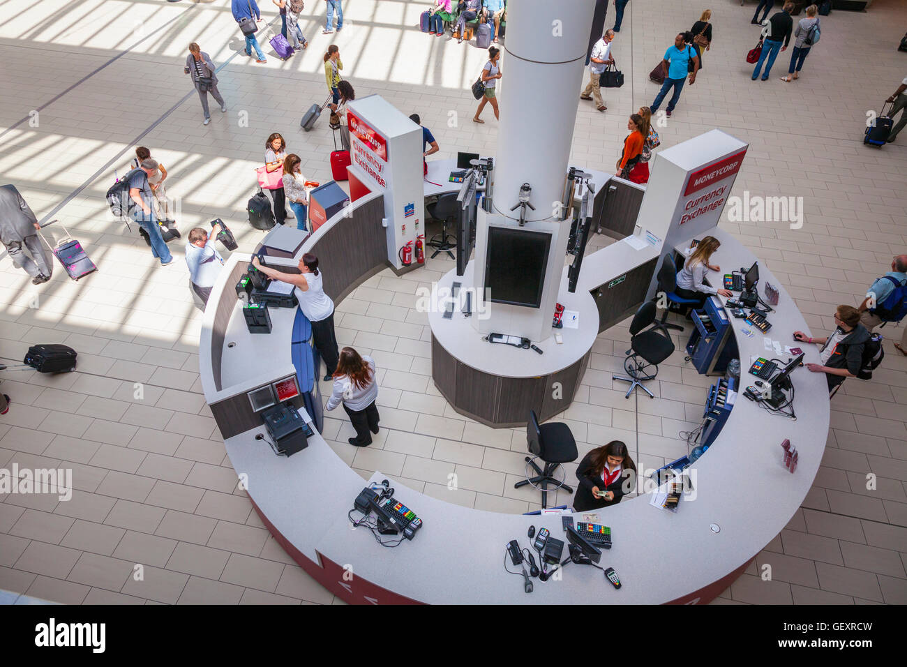 Looking down on Moneycorp currency exchange desk in airport departure ...