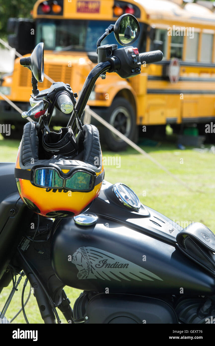 Indian motorcycle in front of an american yellow school bus at Malle ...