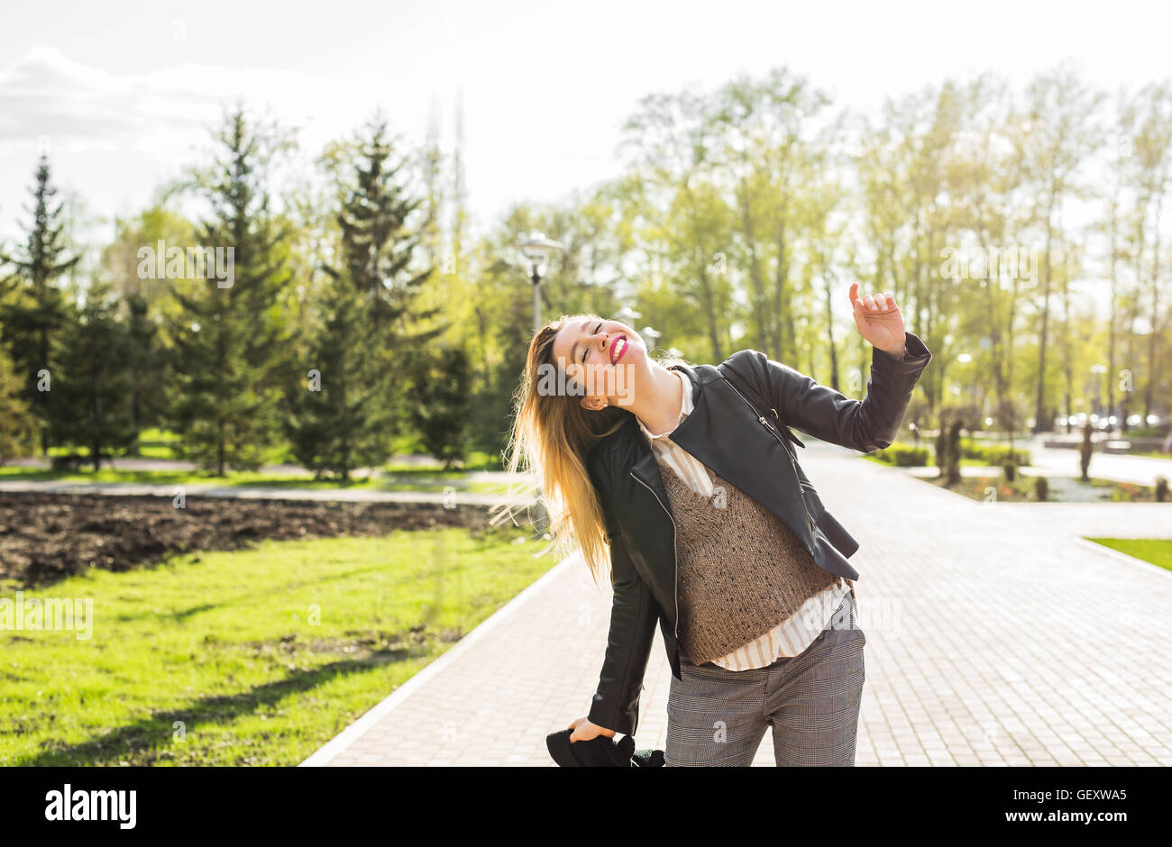 Happiness and craziness. Smiling crazy girl have fun outdoor. Young ...