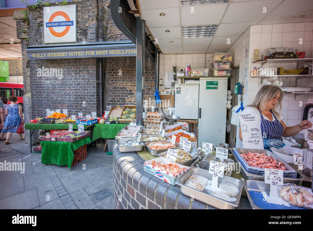 Colourful Hackney Central Train station with Wally Herbert shell fish ...