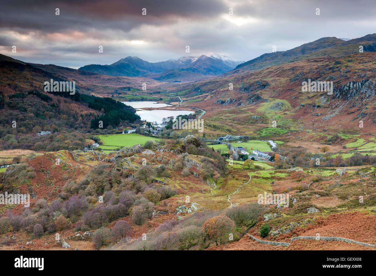 A view above Capel Curig with Mount Snowdon in the background Stock ...
