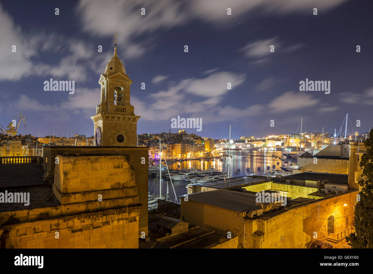 Birgu at night looking towards Valletta Stock Photo - Alamy