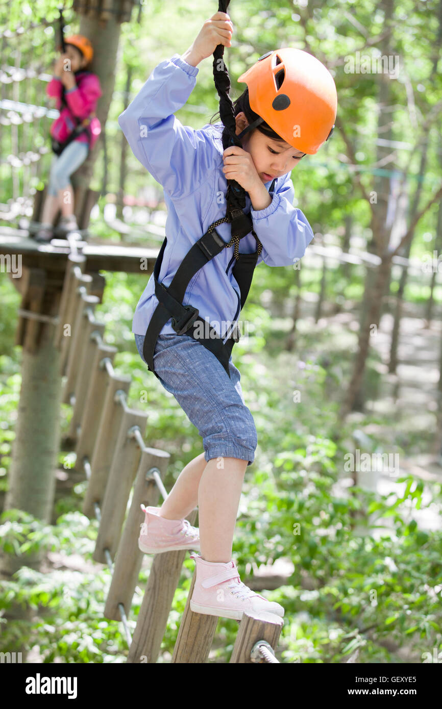 Happy Chinese children playing in tree top adventure park Stock Photo ...