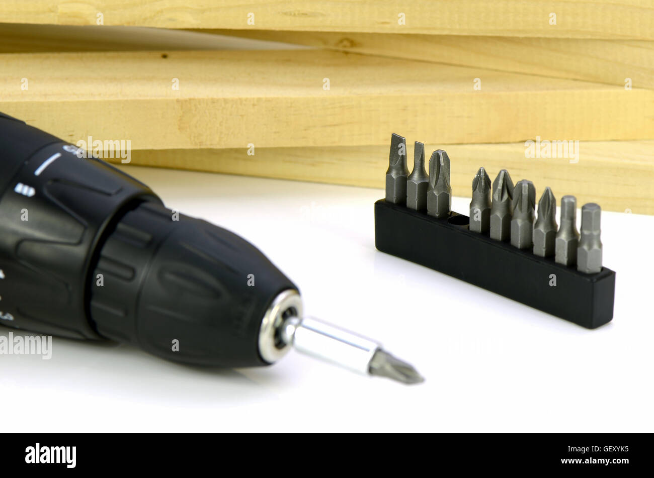 Cordless screwdrivers with various kind of screw tips Stock Photo - Alamy