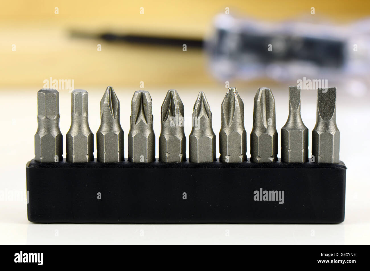 Cordless screwdrivers with various kind of screw tips Stock Photo - Alamy