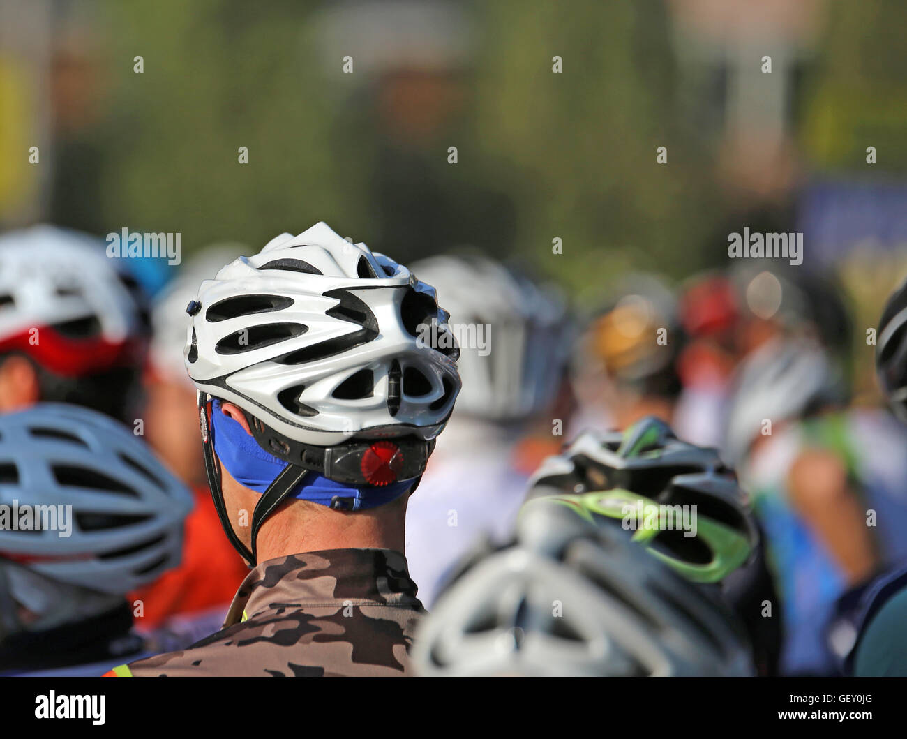 Cyclist safety helmet during the start of the cycling race Stock Photo ...