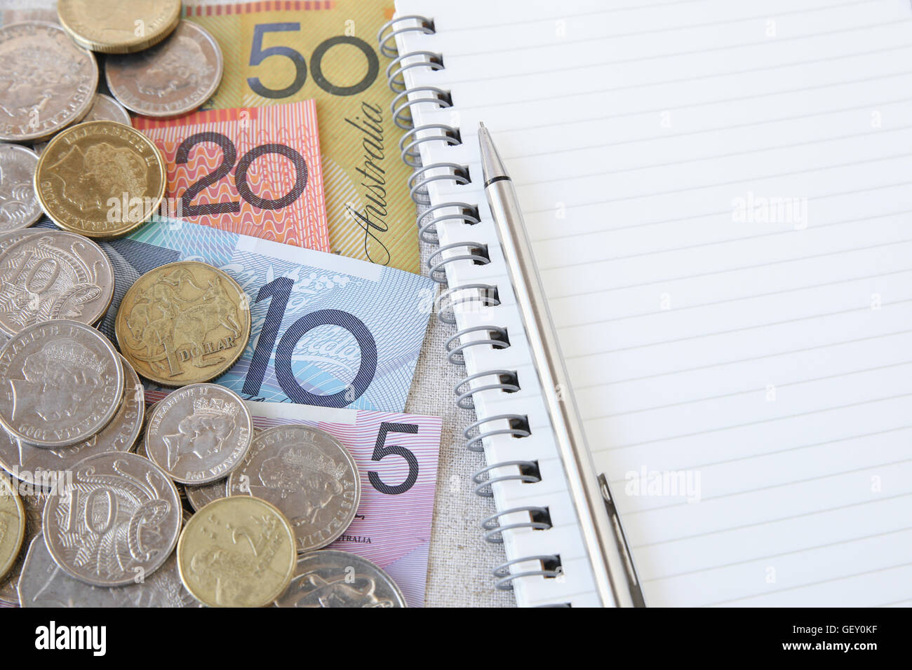 Australian money, AUD with notebook selective focus copy space ...