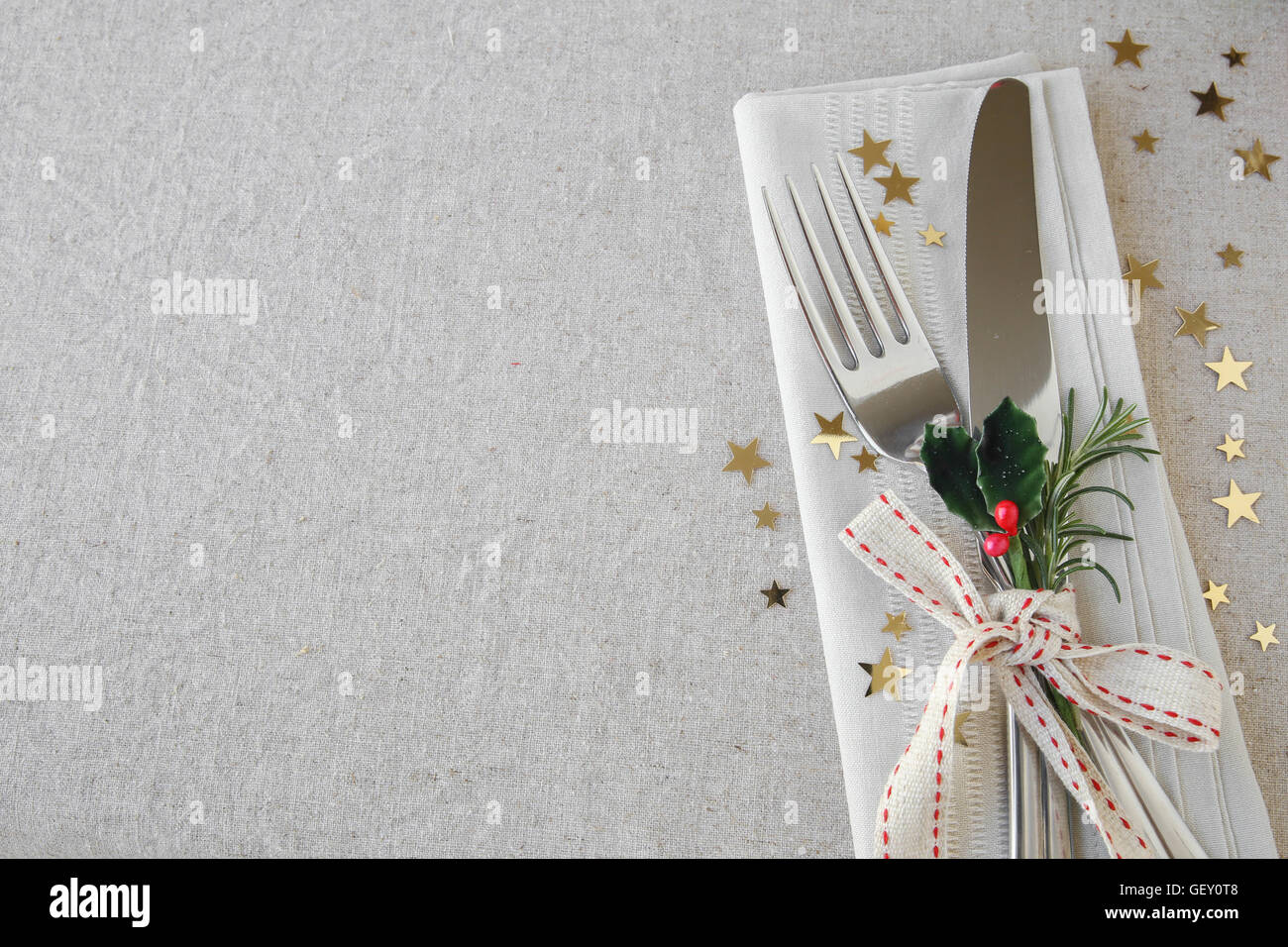 Christmas table place setting, holidays copy space background Stock ...