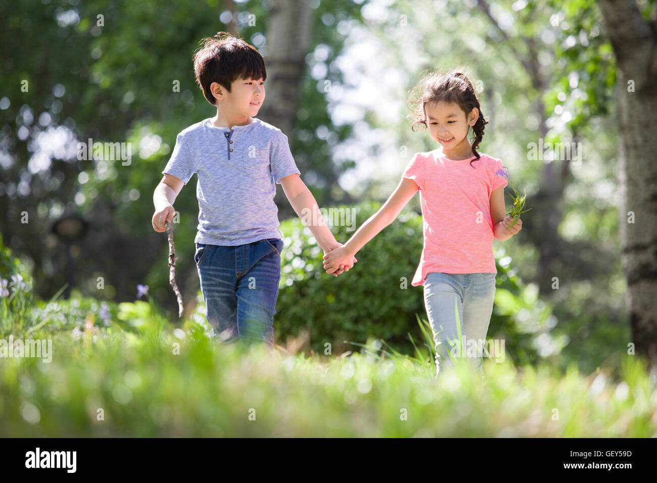 Happy Chinese children holding hands walking in woods Stock Photo - Alamy