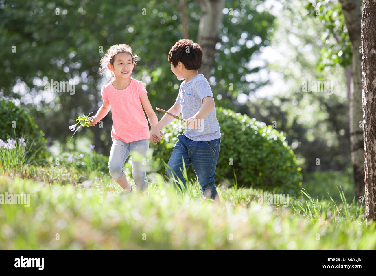 Happy Chinese children holding hands running in woods Stock Photo - Alamy