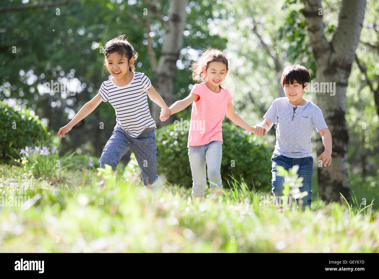 Happy Chinese children holding hands running in woods Stock Photo - Alamy