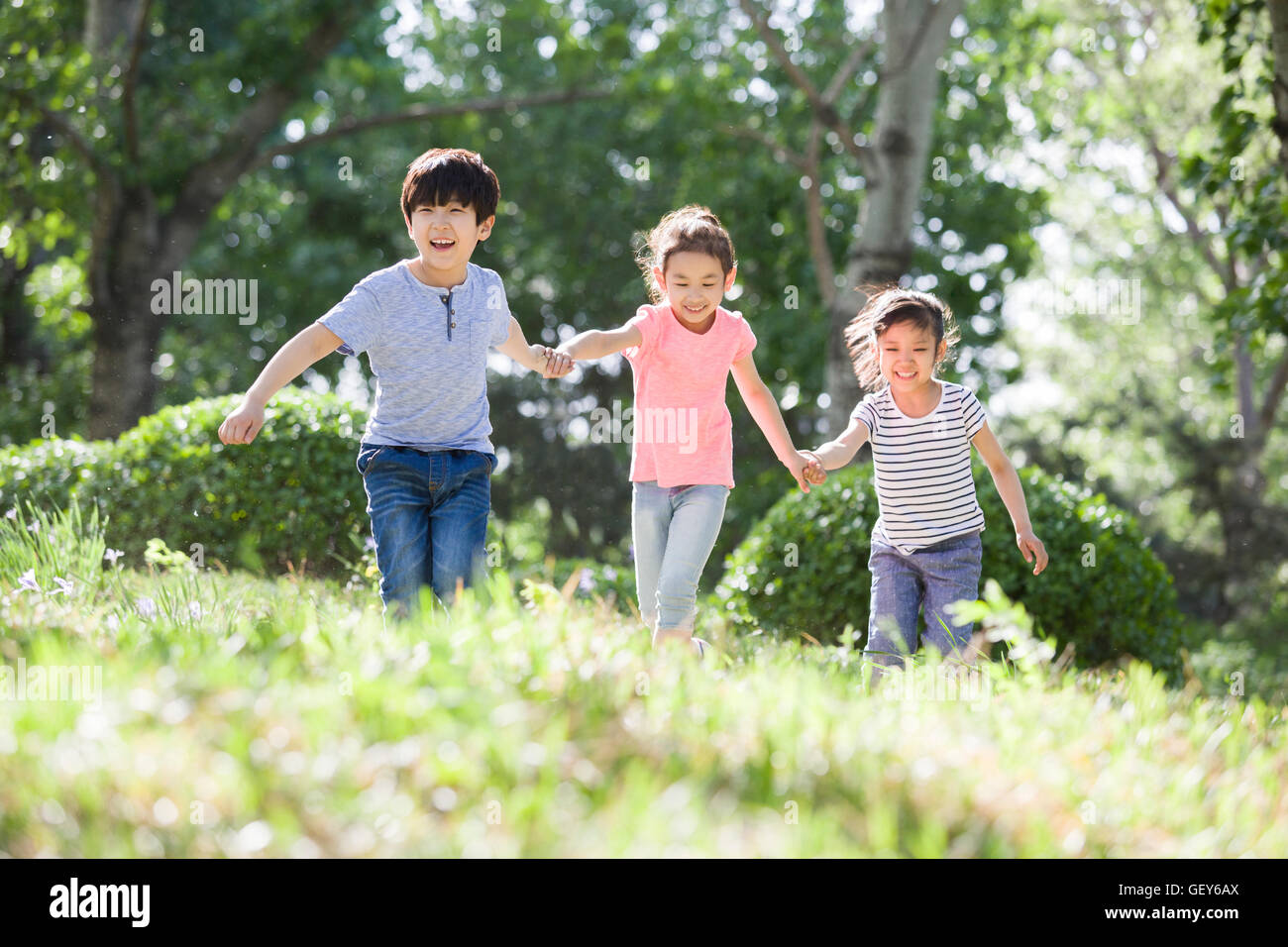 Happy Chinese children holding hands running in woods Stock Photo - Alamy