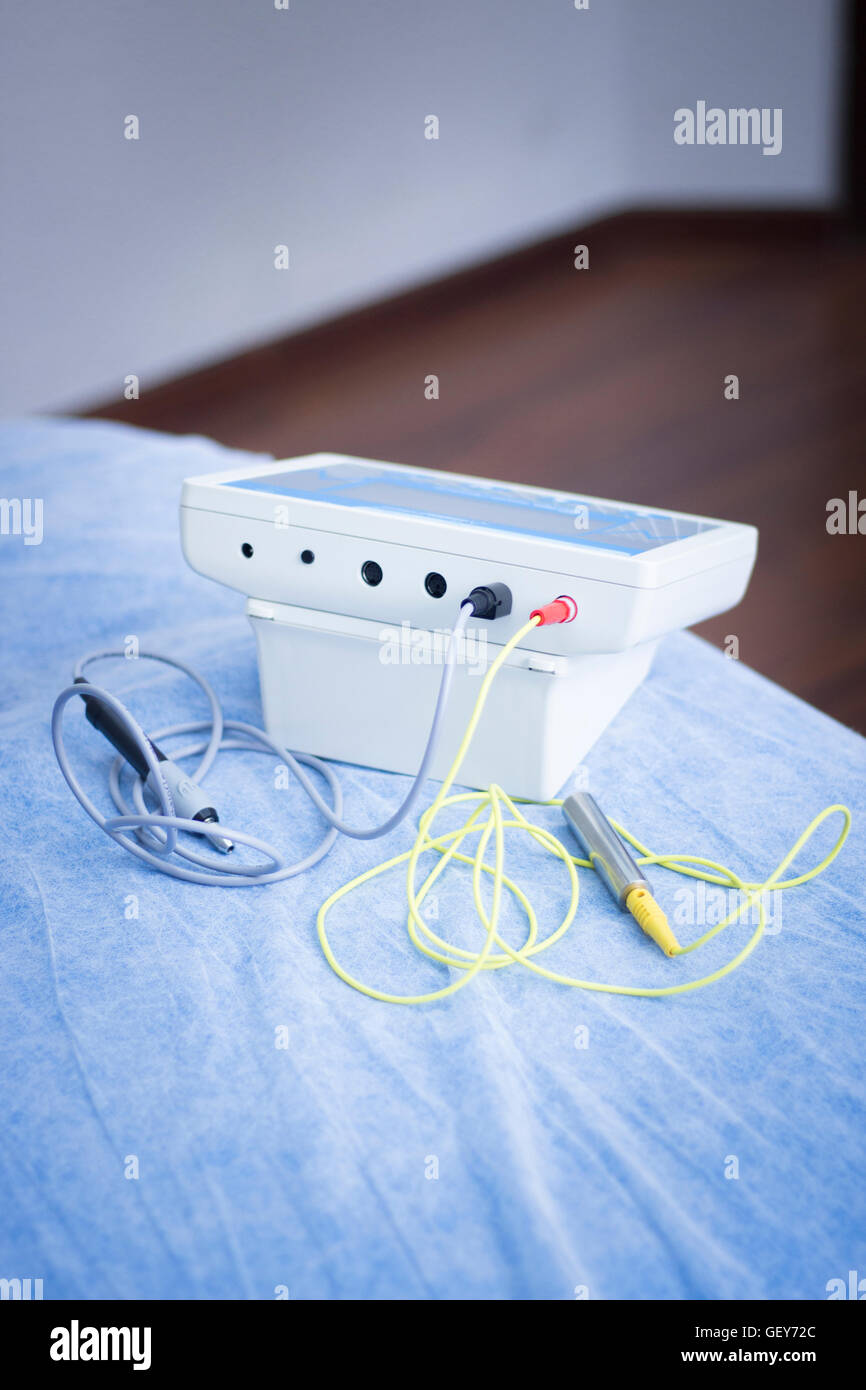 Electroacupunture cables connecting machine used by acupunturist on ...