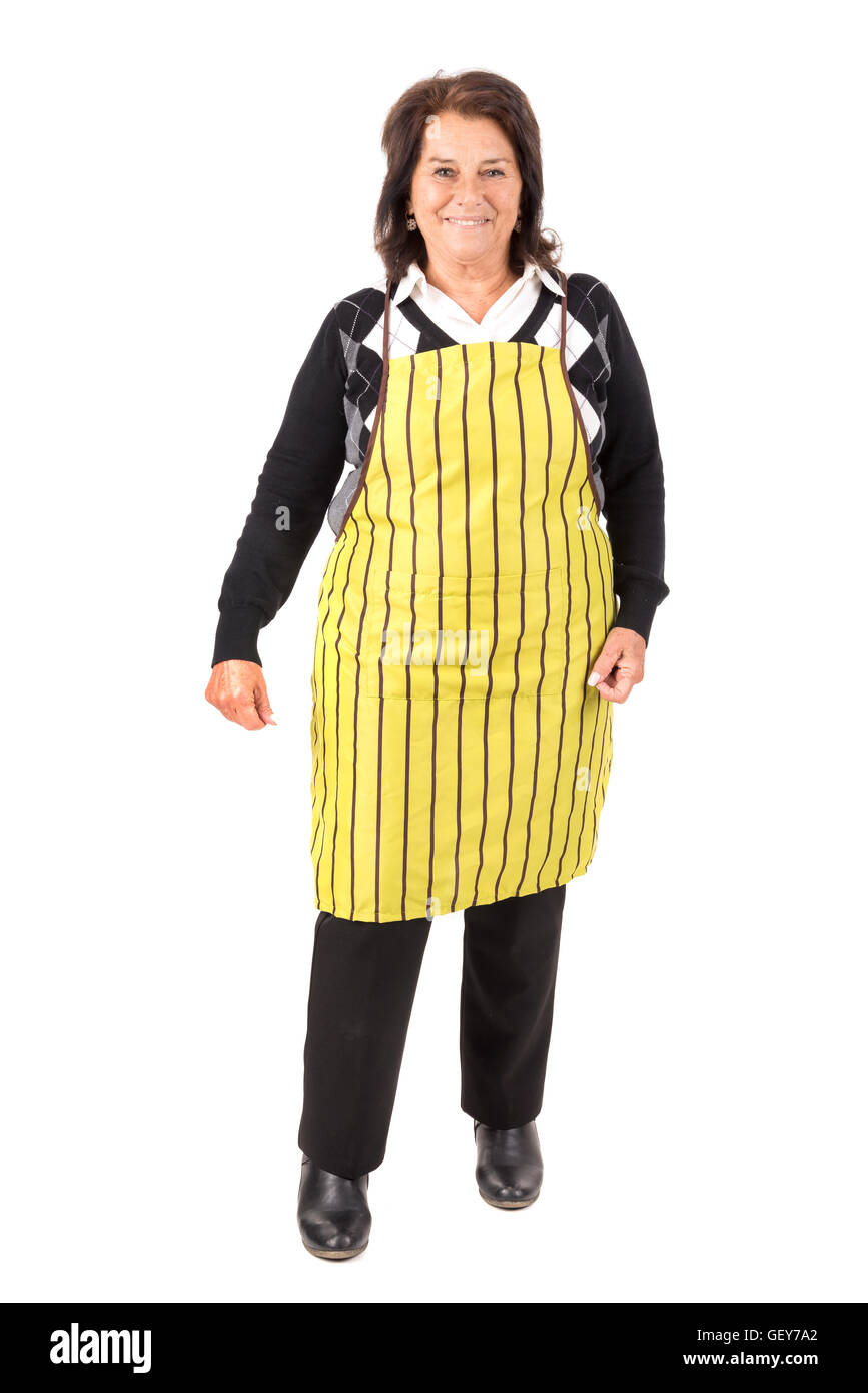 Beautiful senior woman with apron isolated in white Stock Photo - Alamy