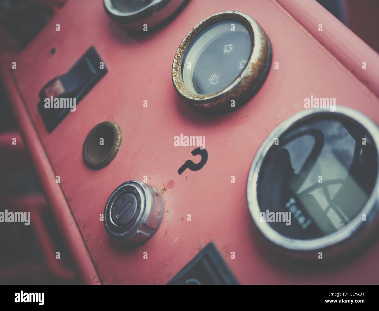 A view of the dashboard or instrument panel of an old vintage and ...