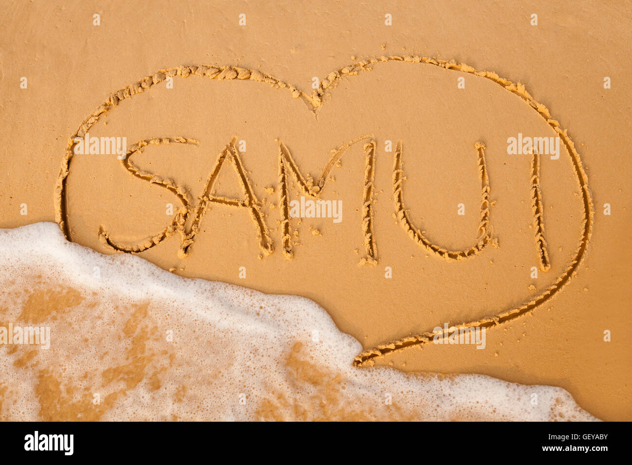 Word Samui signed on beach. South east Asia symbols Stock Photo - Alamy
