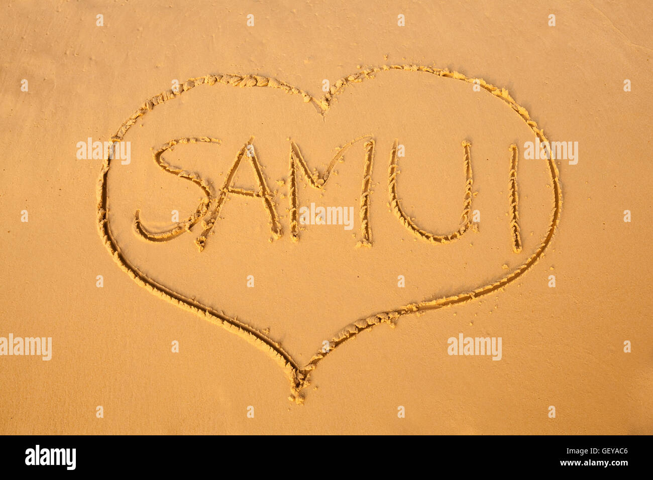 Word Samui signed on beach. South east Asia symbols Stock Photo - Alamy